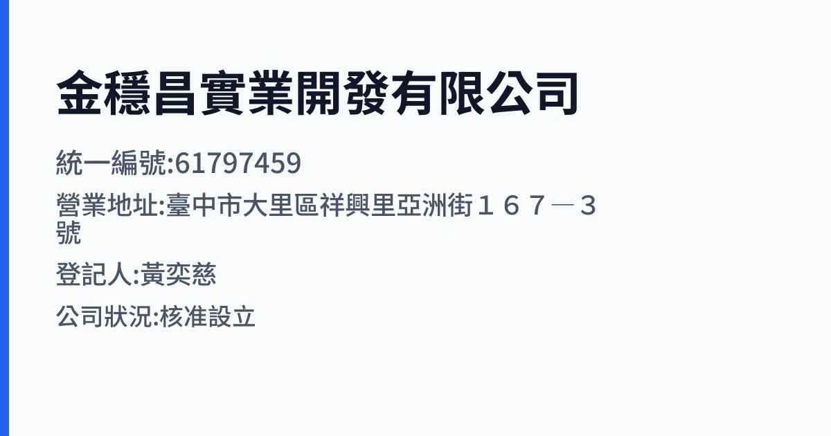 金穩昌實業開發有限公司 - 統編 61797459(臺中市) 公司登記資料與營業項目詳細圖表