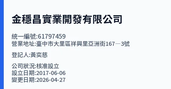 金穩昌實業開發有限公司的照片-統編 61797459(臺中市) 公司登記資料與營業項目詳細圖表