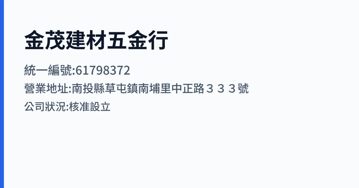 金茂建材五金行 - 統編 61798372(南投縣) 公司登記資料與營業項目詳細圖表