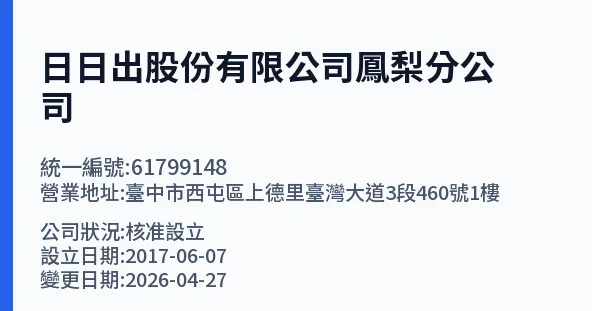 日日出股份有限公司鳳梨分公司的照片-統編 61799148(臺中市) 公司登記資料與營業項目詳細圖表