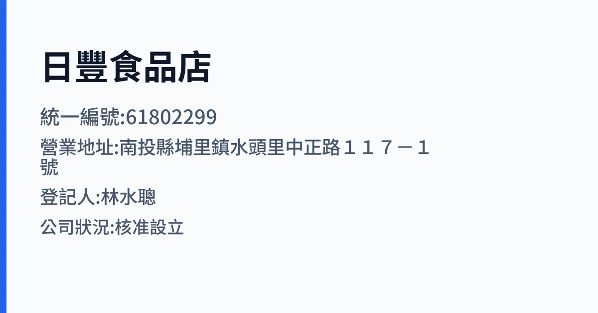 日豐食品店 - 統編 61802299(南投縣) 公司登記資料與營業項目詳細圖表