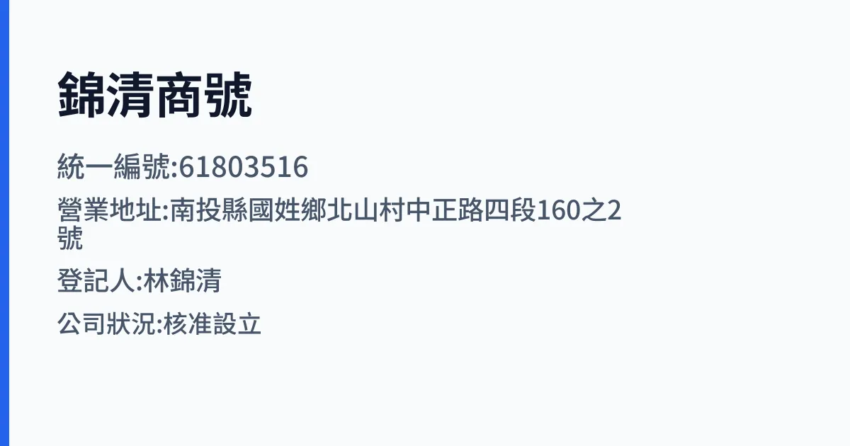 錦清商號 - 統編 61803516(南投縣) 公司登記資料與營業項目詳細圖表
