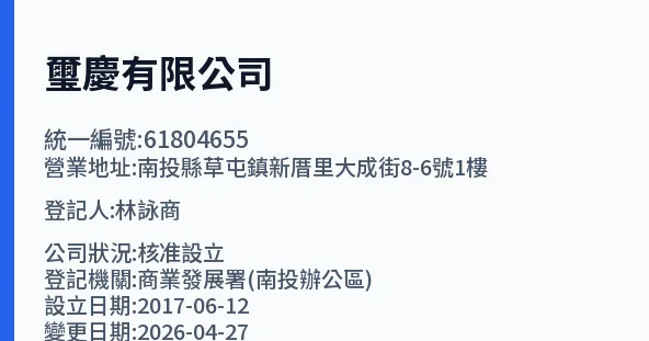 璽慶有限公司的照片-統編 61804655(南投縣) 公司登記資料與營業項目詳細圖表
