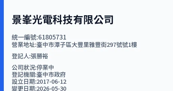 景峯光電科技有限公司的照片-統編 61805731(臺中市) 公司登記資料與營業項目詳細圖表