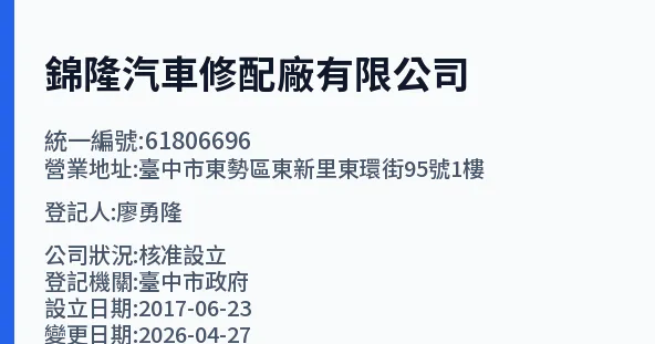 錦隆汽車修配廠有限公司的照片-統編 61806696(臺中市) 公司登記資料與營業項目詳細圖表