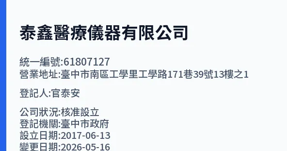 泰鑫醫療儀器有限公司的照片-統編 61807127(臺中市) 公司登記資料與營業項目詳細圖表