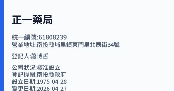 正一藥局的照片-統編 61808239(南投縣) 公司登記資料與營業項目詳細圖表
