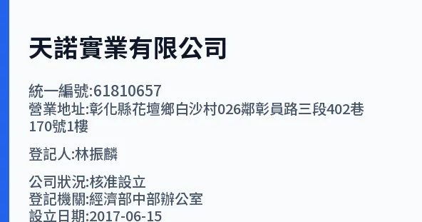 天諾實業有限公司的照片-統編 61810657(彰化縣) 公司登記資料與營業項目詳細圖表