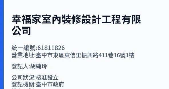 幸福家室內裝修設計工程有限公司的照片-統編 61811826(臺中市) 公司登記資料與營業項目詳細圖表