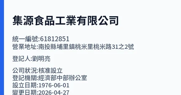 集源食品工業有限公司的照片-統編 61812851(南投縣) 公司登記資料與營業項目詳細圖表