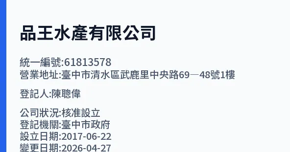 品王水產有限公司的照片-統編 61813578(臺中市) 公司登記資料與營業項目詳細圖表