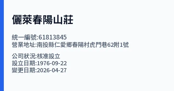 儷萊春陽山莊的照片-統編 61813845(南投縣) 公司登記資料與營業項目詳細圖表