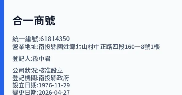 合一商號的照片-統編 61814350(南投縣) 公司登記資料與營業項目詳細圖表