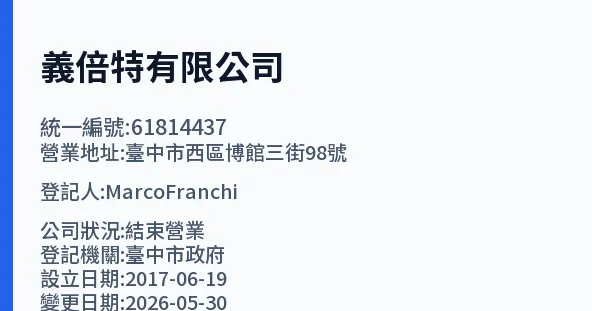 義倍特有限公司的照片-統編 61814437(臺中市) 公司登記資料與營業項目詳細圖表