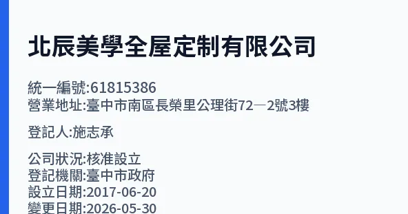北辰美學全屋定制有限公司的照片-統編 61815386(臺中市) 公司登記資料與營業項目詳細圖表