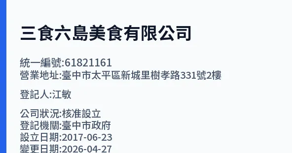 三食六島美食有限公司的照片-統編 61821161(臺中市) 公司登記資料與營業項目詳細圖表