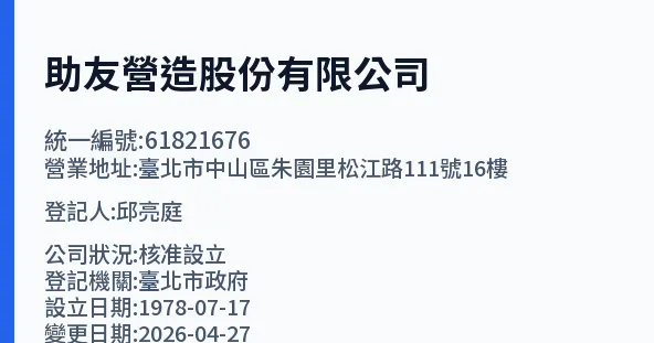 助友營造股份有限公司的照片-統編 61821676(臺北市) 公司登記資料與營業項目詳細圖表
