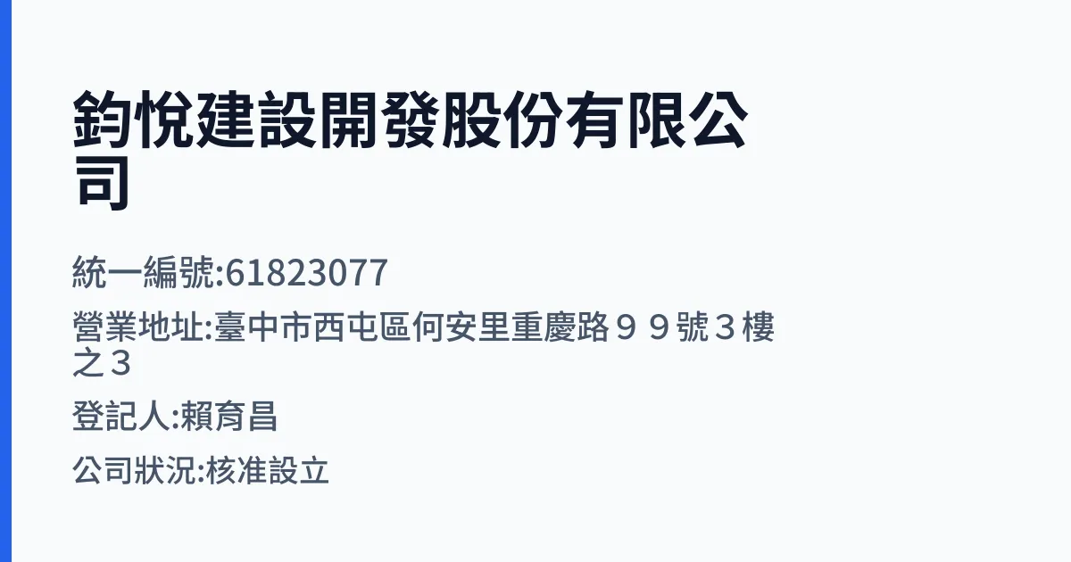 鈞悅建設開發股份有限公司 - 統編 61823077(臺中市) 公司登記資料與營業項目詳細圖表
