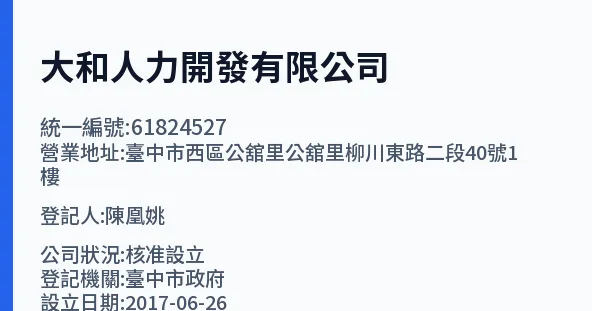 大和人力開發有限公司的照片-統編 61824527(臺中市) 公司登記資料與營業項目詳細圖表