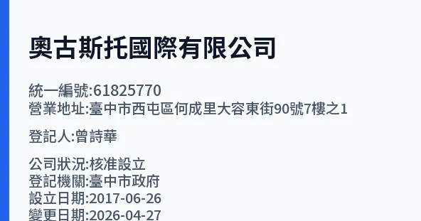 奧古斯托國際有限公司的照片-統編 61825770(臺中市) 公司登記資料與營業項目詳細圖表