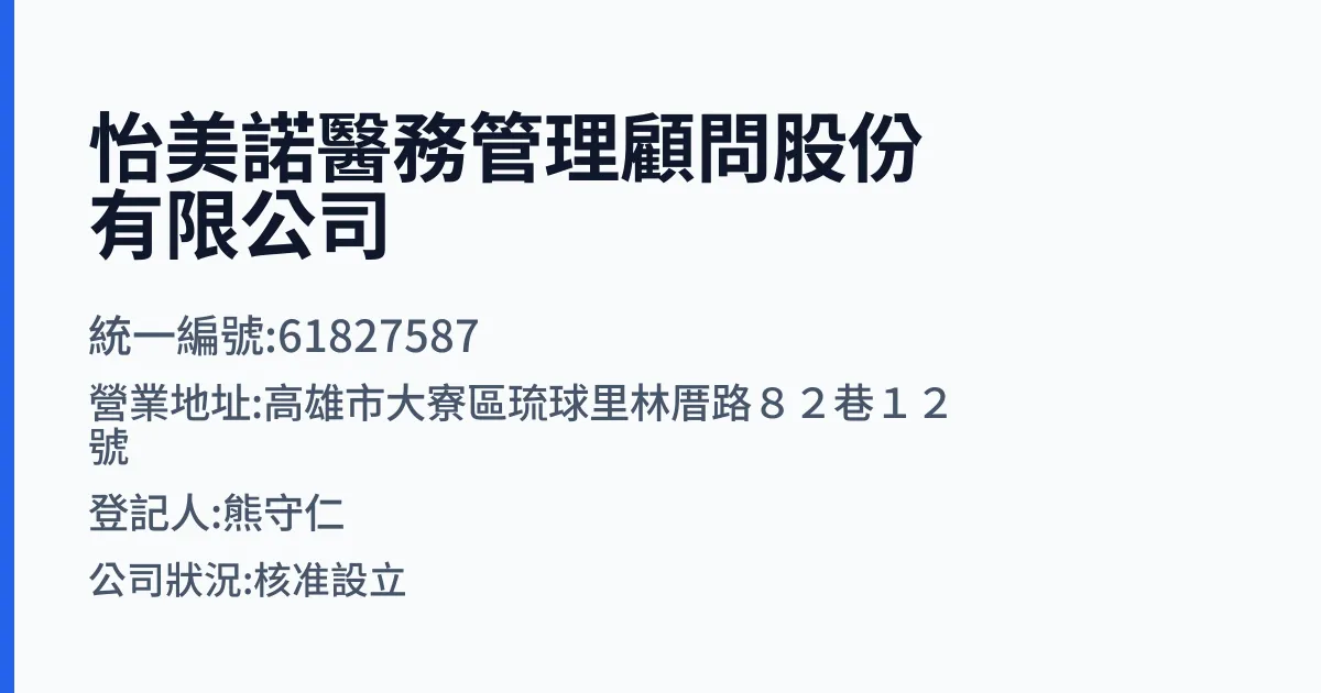 怡美諾醫務管理顧問股份有限公司 - 統編 61827587(高雄市) 公司登記資料與營業項目詳細圖表