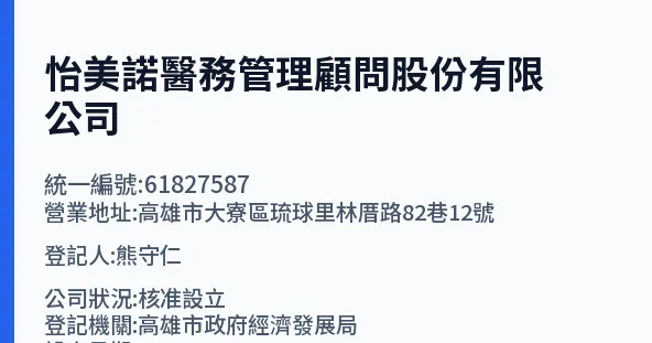 怡美諾醫務管理顧問股份有限公司的照片-統編 61827587(高雄市) 公司登記資料與營業項目詳細圖表