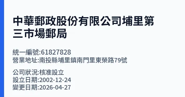 中華郵政股份有限公司埔里第三市場郵局的照片-統編 61827828(南投縣) 公司登記資料與營業項目詳細圖表