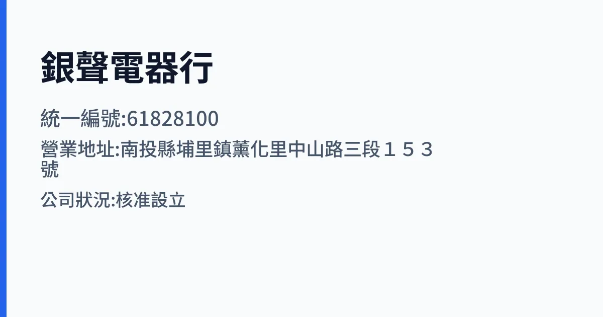銀聲電器行 - 統編 61828100(南投縣) 公司登記資料與營業項目詳細圖表
