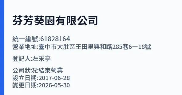 芬芳葵園有限公司的照片-統編 61828164(臺中市) 公司登記資料與營業項目詳細圖表