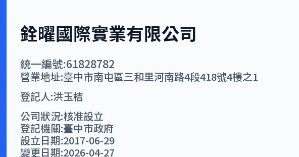 銓曜國際實業有限公司的照片-統編 61828782(臺中市) 公司登記資料與營業項目詳細圖表
