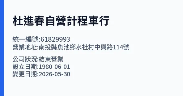杜進春自營計程車行的照片-統編 61829993(南投縣) 公司登記資料與營業項目詳細圖表