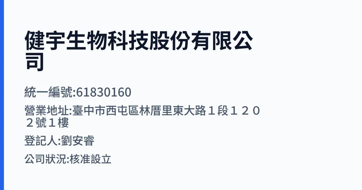 健宇生物科技股份有限公司 - 統編 61830160(臺中市) 公司登記資料與營業項目詳細圖表