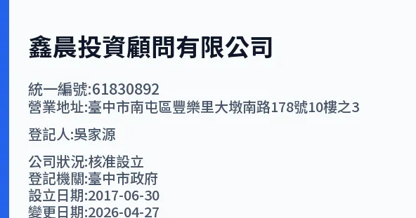 鑫晨投資顧問有限公司的照片-統編 61830892(臺中市) 公司登記資料與營業項目詳細圖表