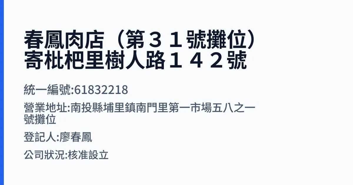 春鳳肉店(第31號攤位)寄枇杷里樹人路142號 - 統編 61832218(南投縣) 公司登記資料與營業項目詳細圖表
