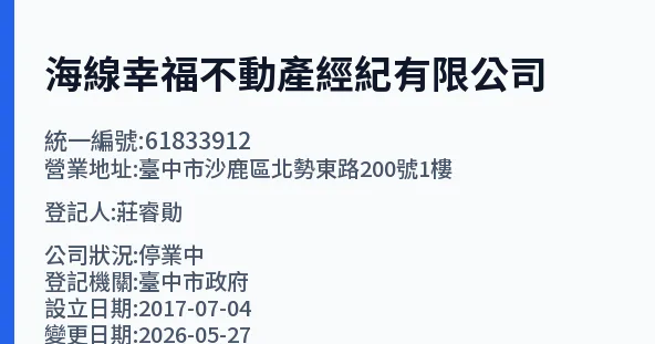 海線幸福不動產經紀有限公司的照片-統編 61833912(臺中市) 公司登記資料與營業項目詳細圖表