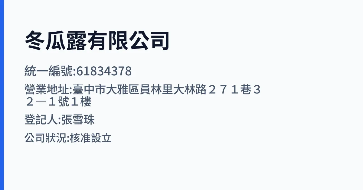冬瓜露有限公司 - 統編 61834378（臺中市） 公司登記資料與營業項目詳細圖表