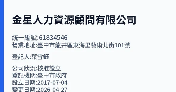 金星人力資源顧問有限公司的照片-統編 61834546(臺中市) 公司登記資料與營業項目詳細圖表