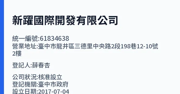 新躍國際開發有限公司的照片-統編 61834638(臺中市) 公司登記資料與營業項目詳細圖表