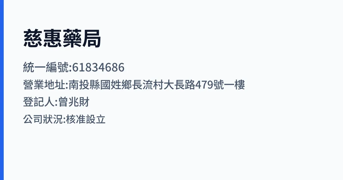 慈惠藥局 - 統編 61834686(南投縣) 公司登記資料與營業項目詳細圖表
