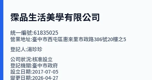 霂品生活美學有限公司的照片-統編 61835025(臺中市) 公司登記資料與營業項目詳細圖表