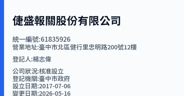 倢盛報關股份有限公司的照片-統編 61835926(臺中市) 公司登記資料與營業項目詳細圖表