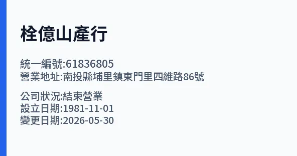 栓億山產行的照片-統編 61836805(南投縣) 公司登記資料與營業項目詳細圖表