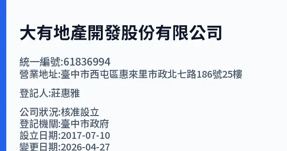 大有地產開發股份有限公司的照片-統編 61836994(臺中市) 公司登記資料與營業項目詳細圖表