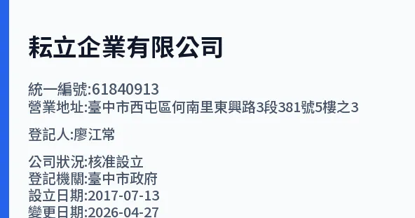 耘立企業有限公司的照片-統編 61840913(臺中市) 公司登記資料與營業項目詳細圖表