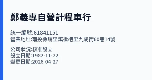 鄭義專自營計程車行的照片-統編 61841151(南投縣) 公司登記資料與營業項目詳細圖表