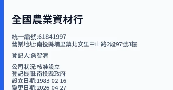 全國農業資材行的照片-統編 61841997(南投縣) 公司登記資料與營業項目詳細圖表