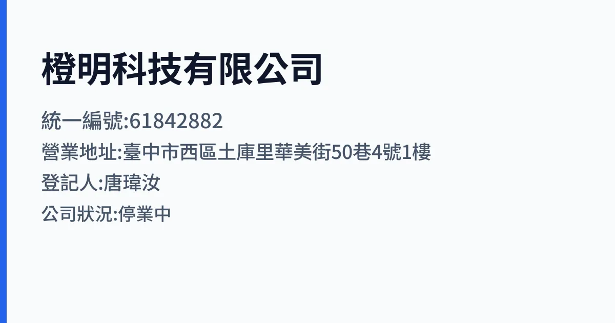 橙明科技有限公司 - 統編 61842882(臺中市) 公司登記資料與營業項目詳細圖表