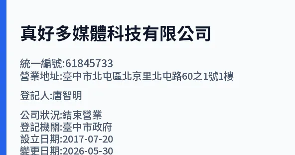 真好多媒體科技有限公司的照片-統編 61845733(臺中市) 公司登記資料與營業項目詳細圖表