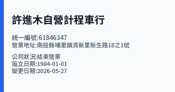 許進木自營計程車行的照片-統編 61846347(南投縣) 公司登記資料與營業項目詳細圖表