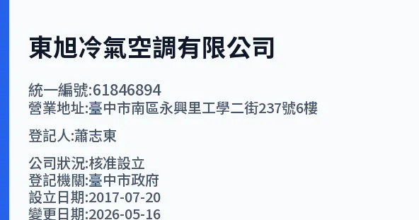 東旭冷氣空調有限公司的照片-統編 61846894(臺中市) 公司登記資料與營業項目詳細圖表